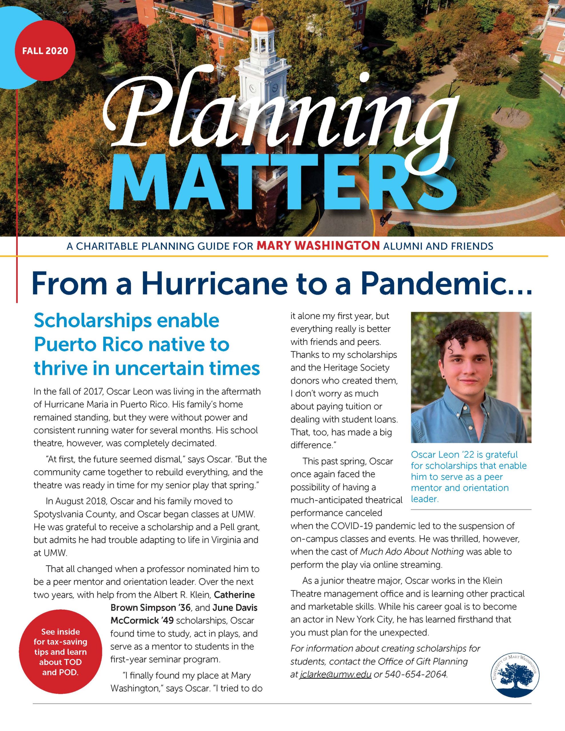 PLANNING MATTERS - FALL 2020 - Giving to Mary Washington