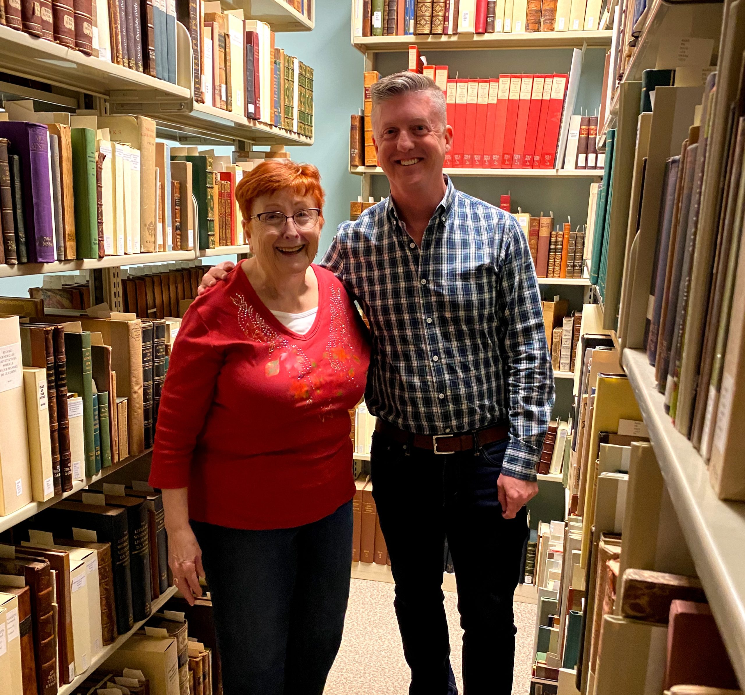 Sean and mom at library - Giving to Mary Washington